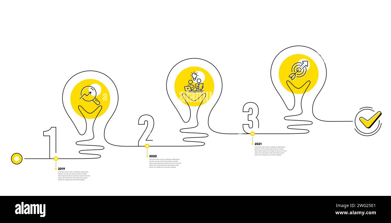 Continuous timeline with lamp light bulbs and icons. 3 steps idea ...