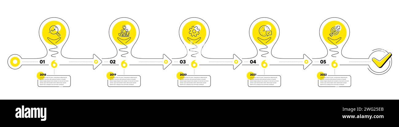 Timeline with lamp light bulbs and icons. 5 steps idea journey path ...