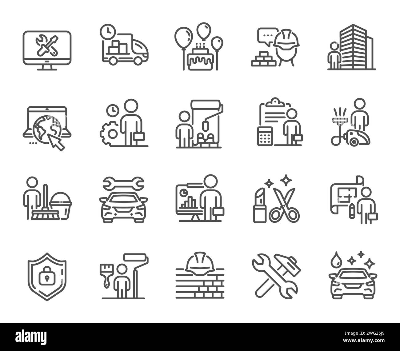 Professional services line icons. Car repair, Home cleaning ...