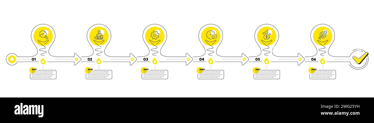 Timeline with lamp light bulbs and icons. 6 steps idea journey path ...