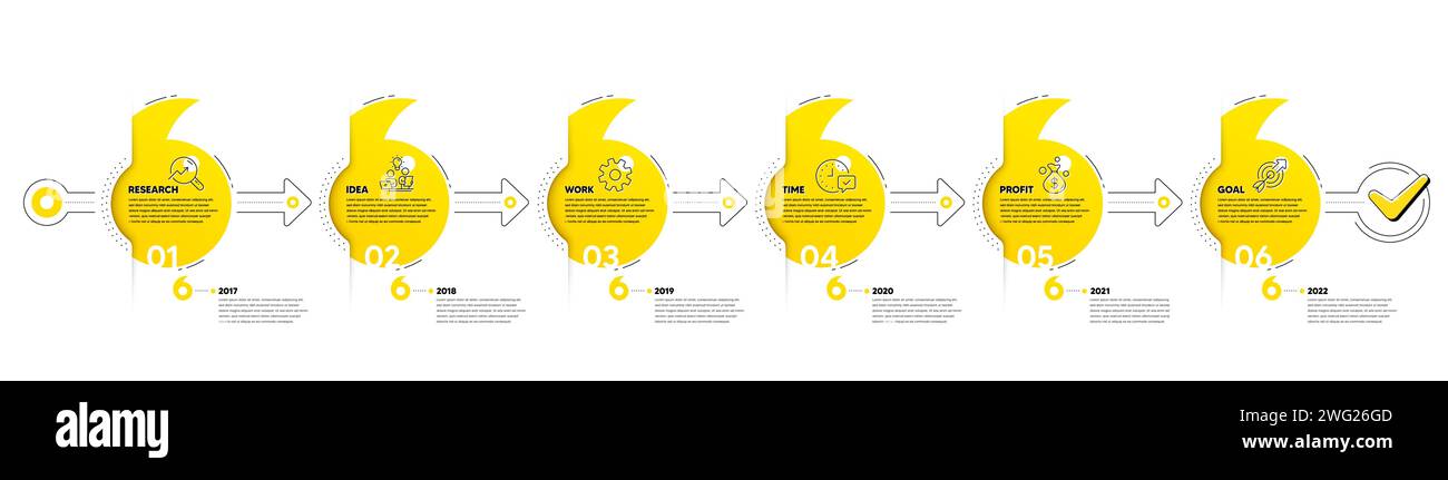 Quotation bookmarks timeline with icons. 6 steps journey path of ...