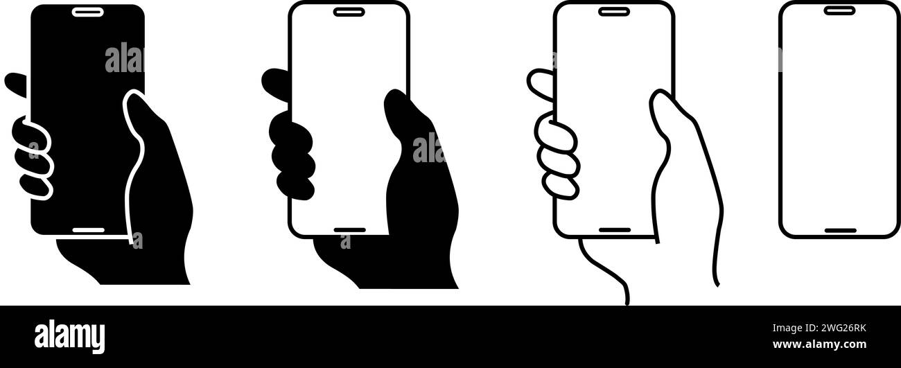 Smartphone in hand icons set. Hand holding smartphone. Blank screen ...