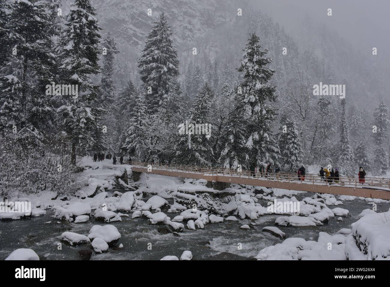 Visitors walk through a snow covered foot bridge during snowfall in ...