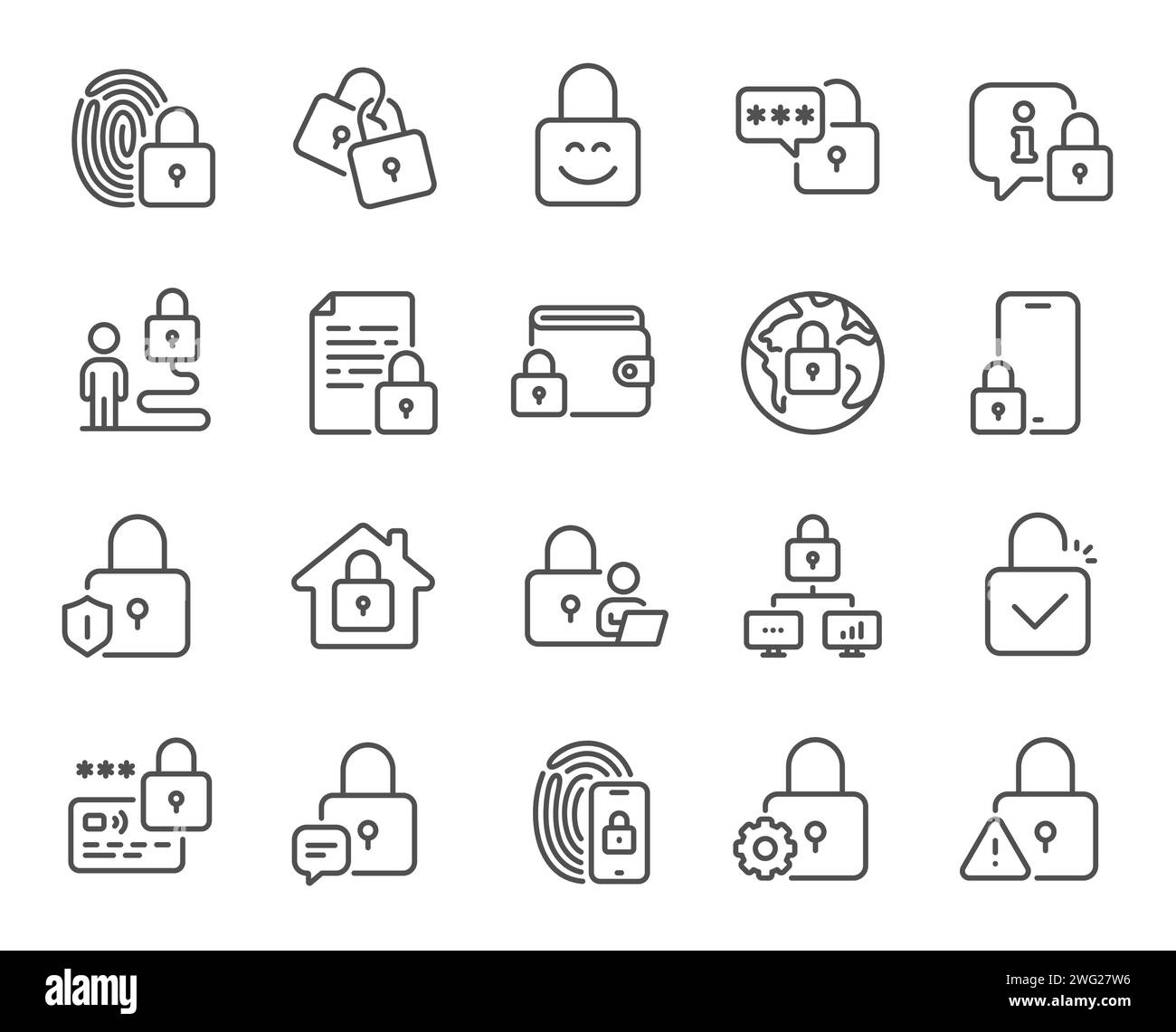 Locks line icons. Fingerprint protection, Unlock code and Credit card password icons. Open ...