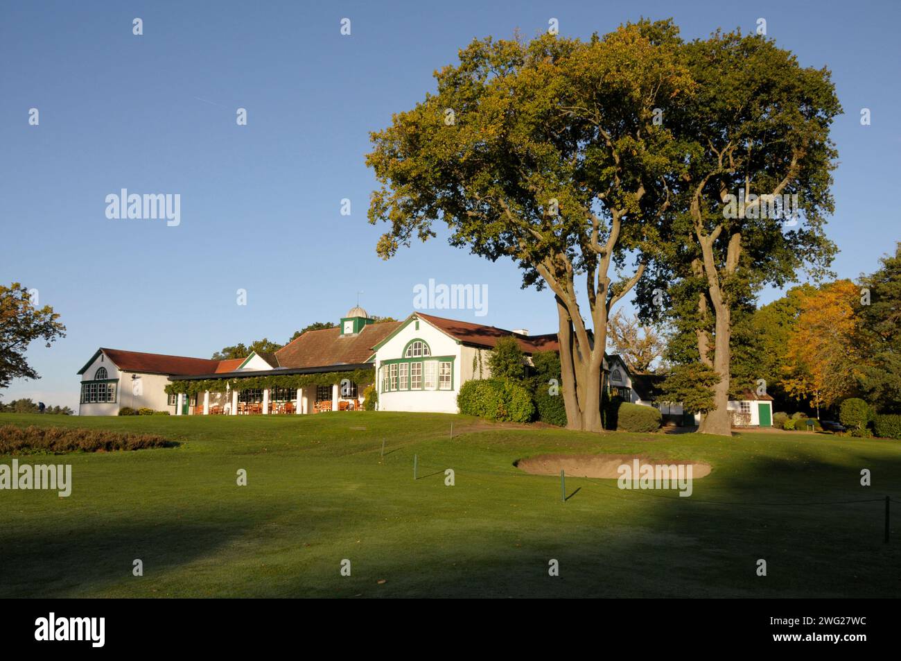View over bunker to the Clubhouse, Woking Golf Club; Woking; Surrey ...