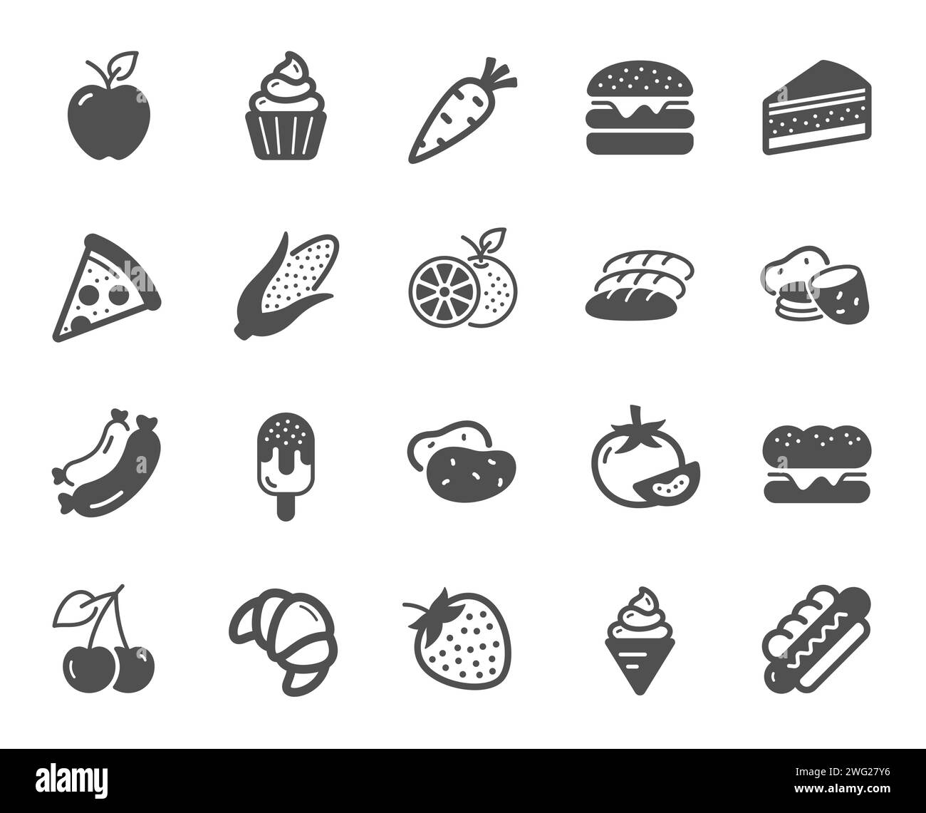 Food icons. Vegetables, Fruits and Sweet Desserts icons. Potato, Apple ...
