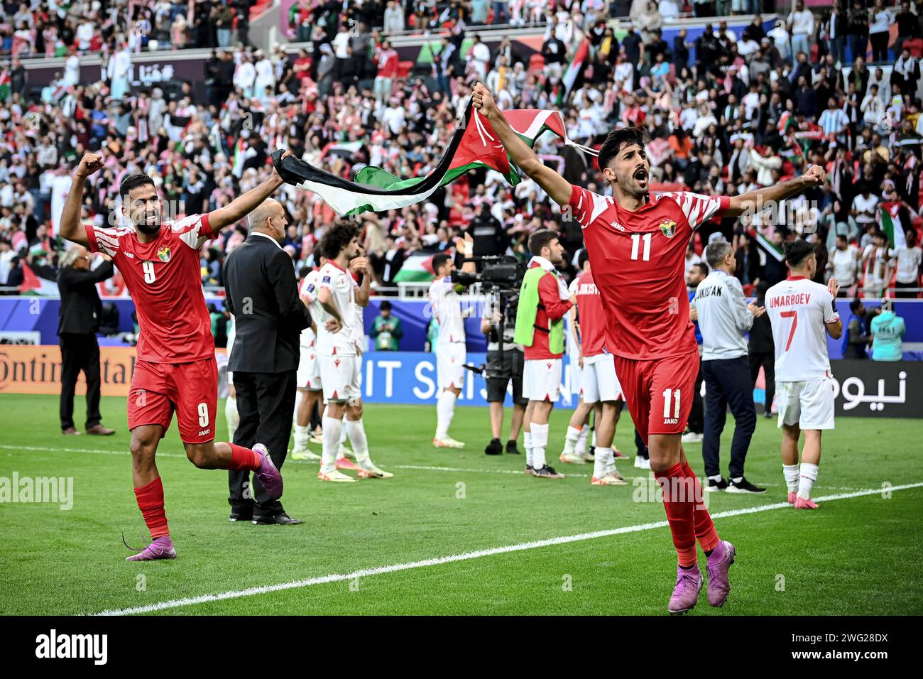 Doha, Qatar. 2nd Feb, 2024. Jordan's Ali Olwan (L) and Yazan Alnaimat ...
