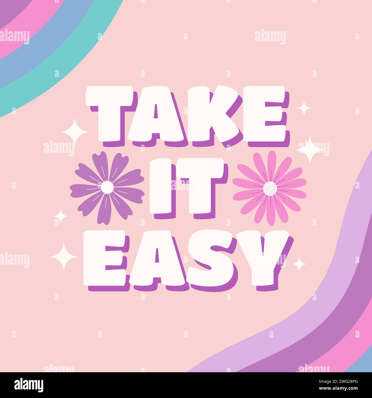Take it easy groovy retro phrase with wavy stripes on pastel background ...