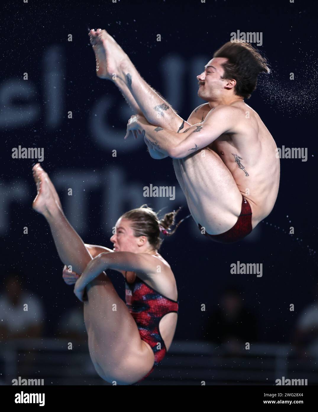 Doha, Qatar. 2nd Feb, 2024. Katrina Young/Lyle Yost (R) of Team USA compete during the mixed 3m ...