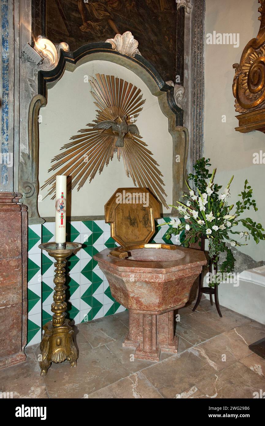 Baptism font in Roman Catholic Church interior, Mallorca, Spain Stock ...