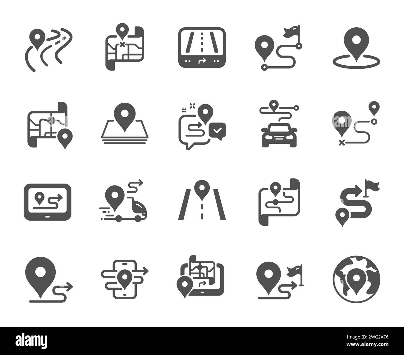 Road map icons. Journey path, Route map and Trip distance icons. Vector ...