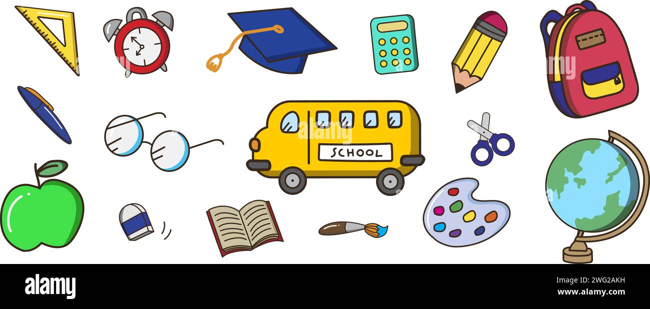 School elements set. Vector flat illustration in hand drawn style. Back ...