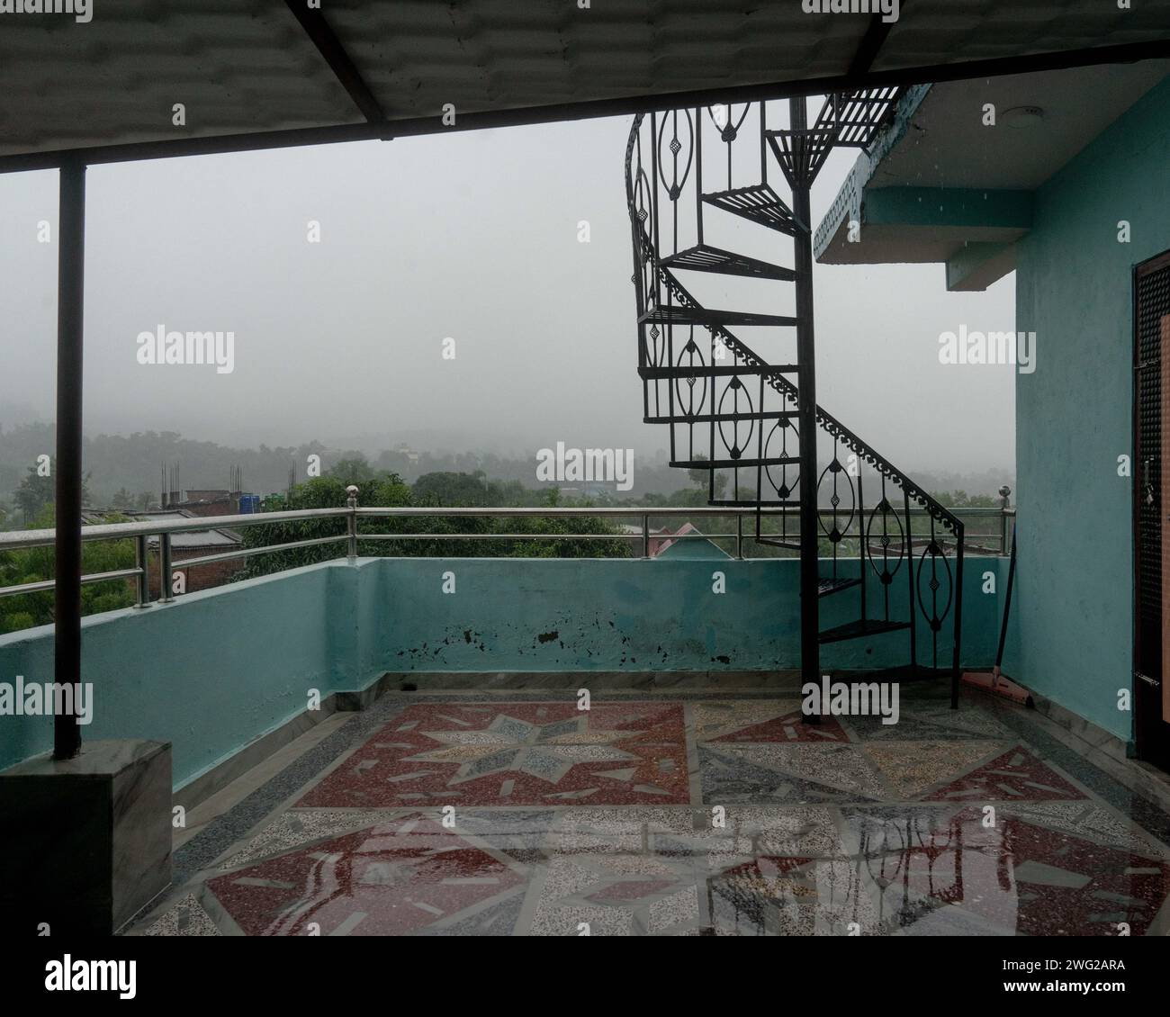 A typical Nepali terrace during a rain storm in Birendranagar, Western ...