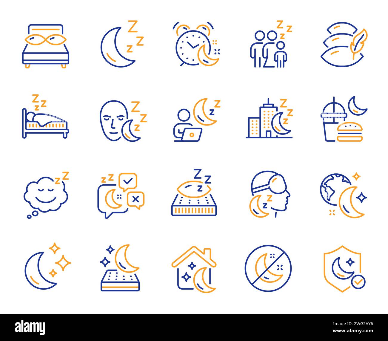 Sleep line icons. Sleeping pillow, Night bed and Insomnia sleeplessness ...