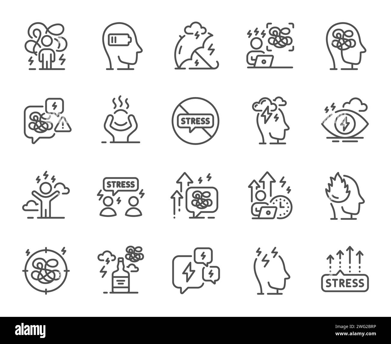 Stress line icons. Mental health, depression and confusion thoughts outline icons. Vector Stock ...
