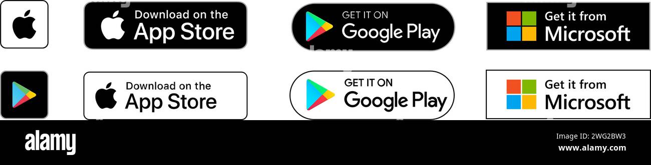 Set of Google Play Store, Apple App Store and Microsoft Store badges. Vector buttons Stock ...