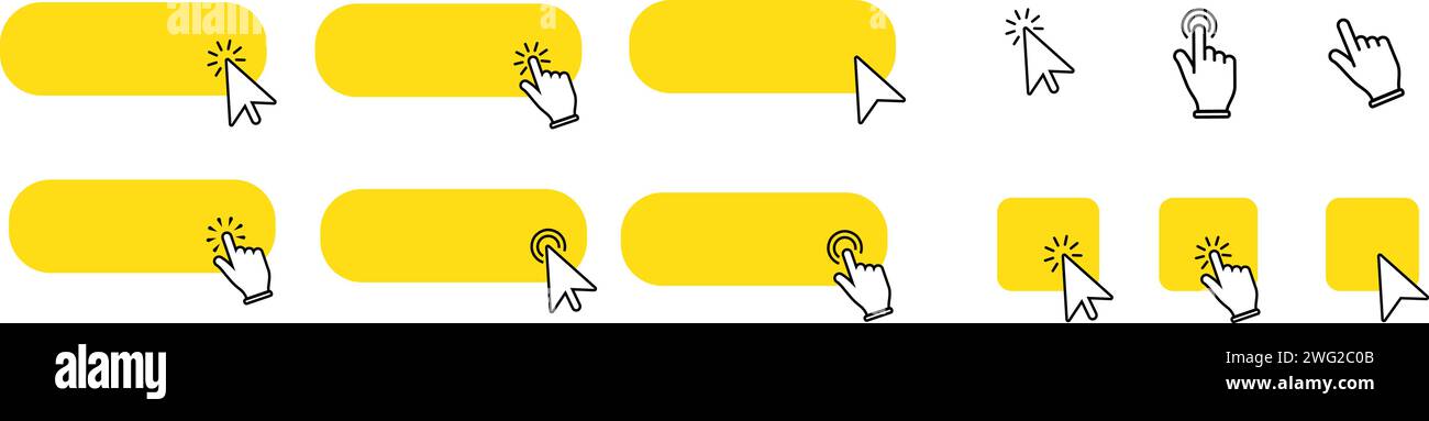 Yellow buttons with clicking hand or arrow pointer set. Click here ...