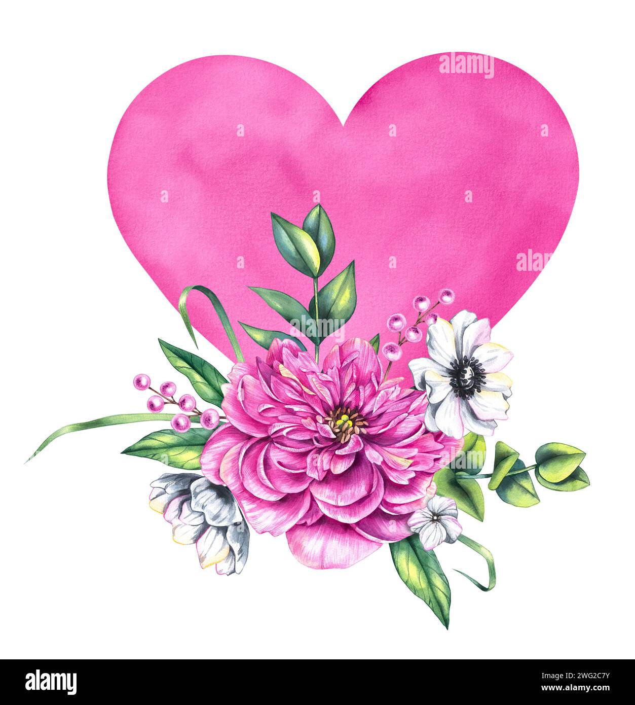 Watercolor heart for Valentines Day with bouquets of flowers isolated ...