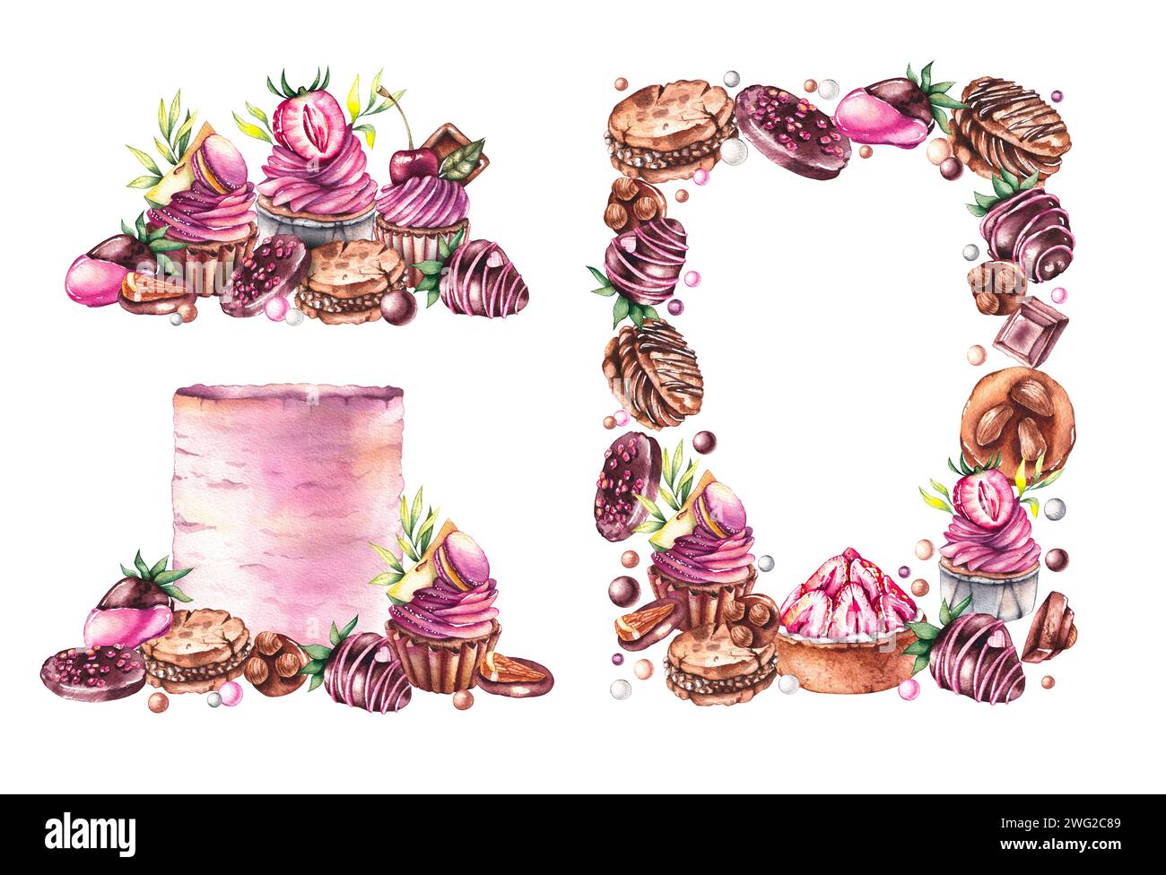 Watercolor sweet desserts set hand drawn isolated. Sweets wreath and ...