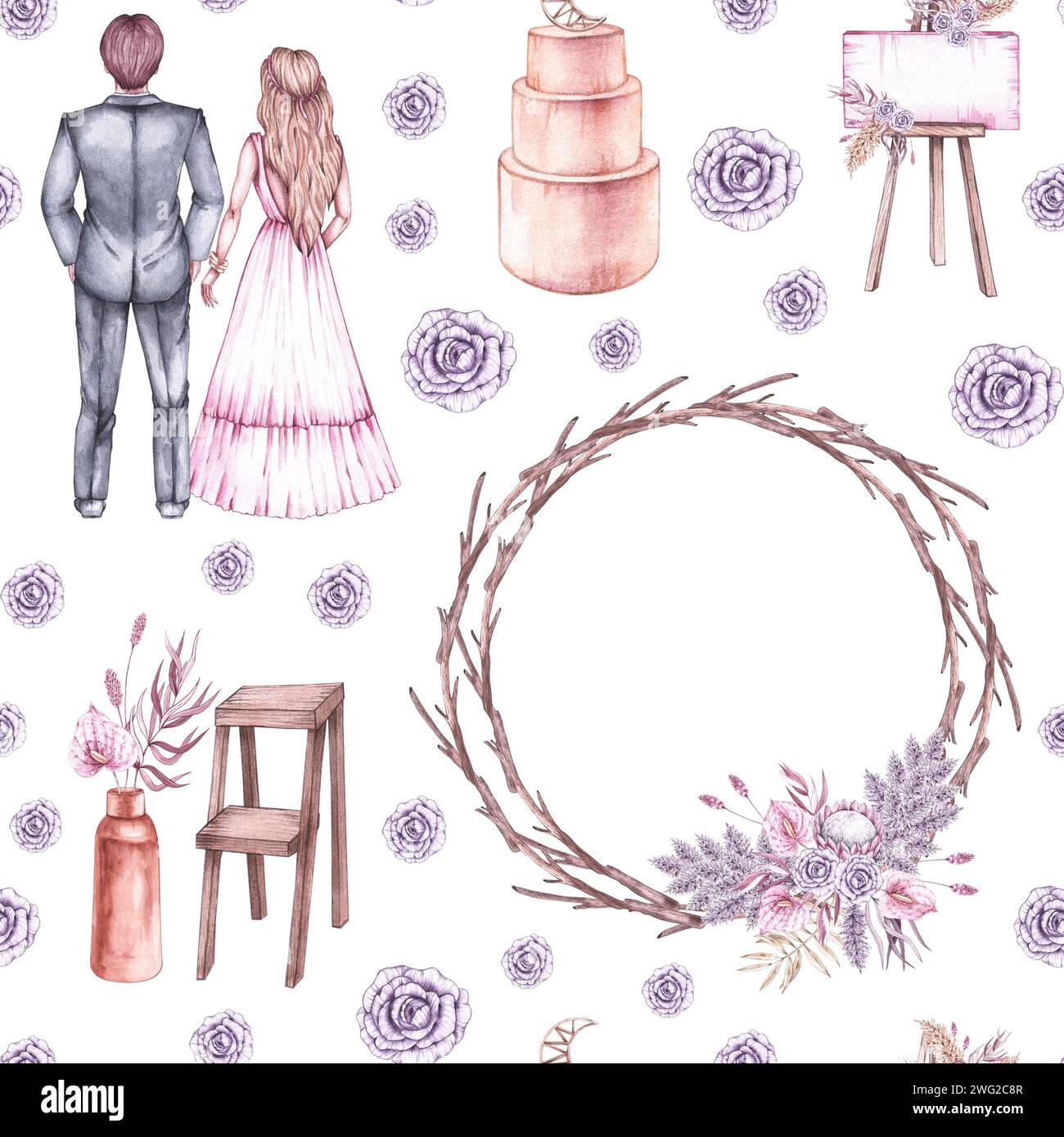Watercolor wedding pattern with newlyweds and wedding arch and ...