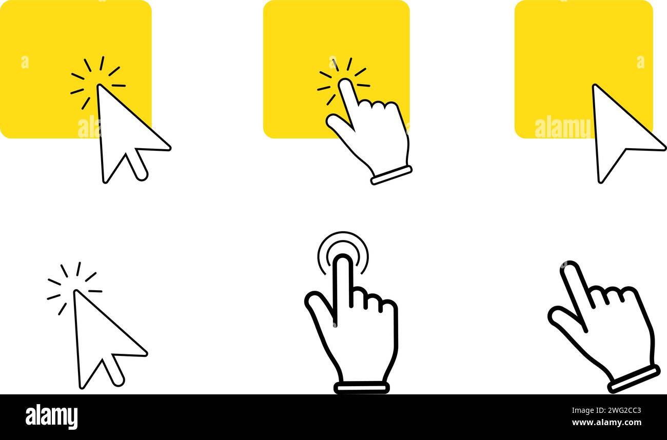 Yellow buttons with clicking hand or arrow pointer set. Click here ...