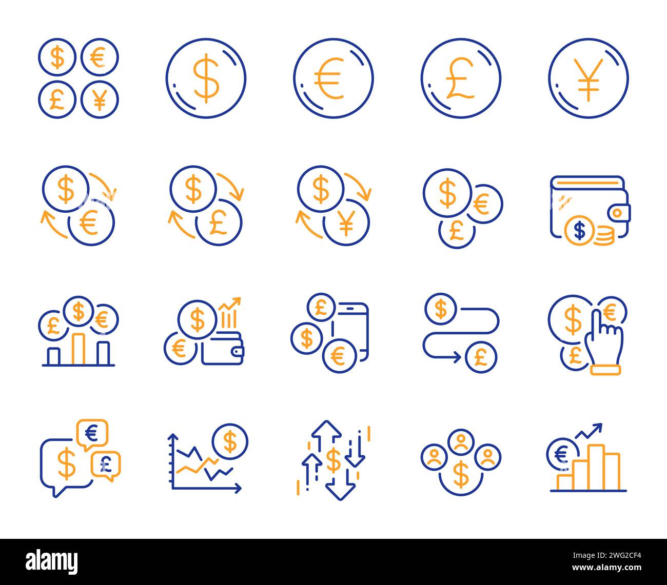 Currency line icons. Cash money, Euro Dollar transfer and Currency ...