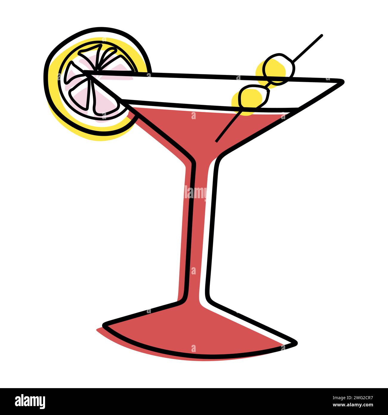 Red Doodle cocktail with Lemon slice on white backdrop. Vector isolated ...