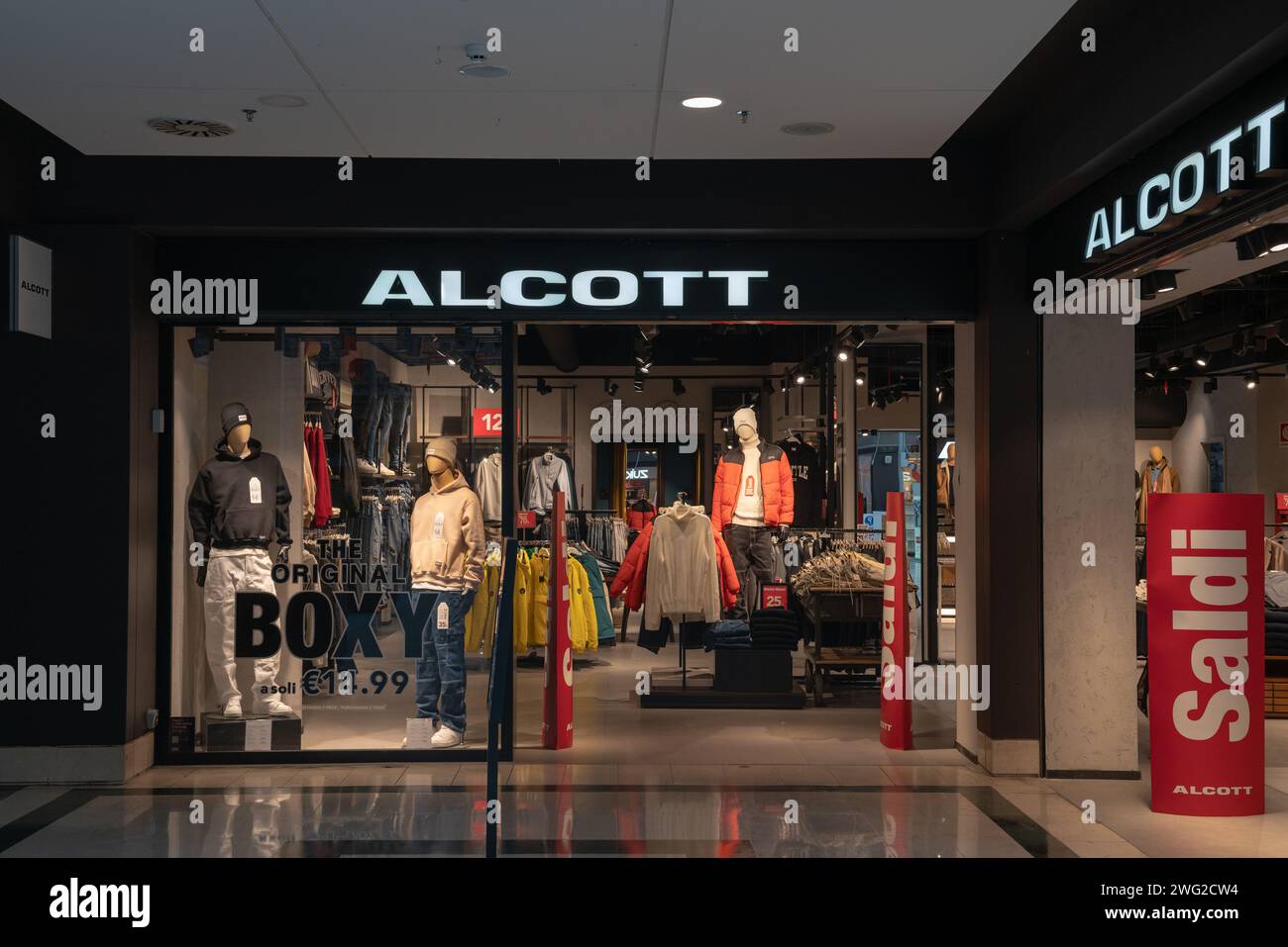alcott shopping center logo, illuminated sign, seasonal sales period ...