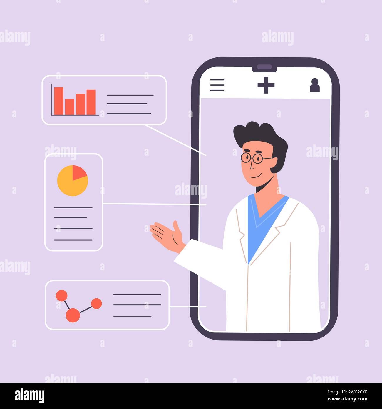 Smartphone screen with Male therapist gives online diagnosis. An app ...