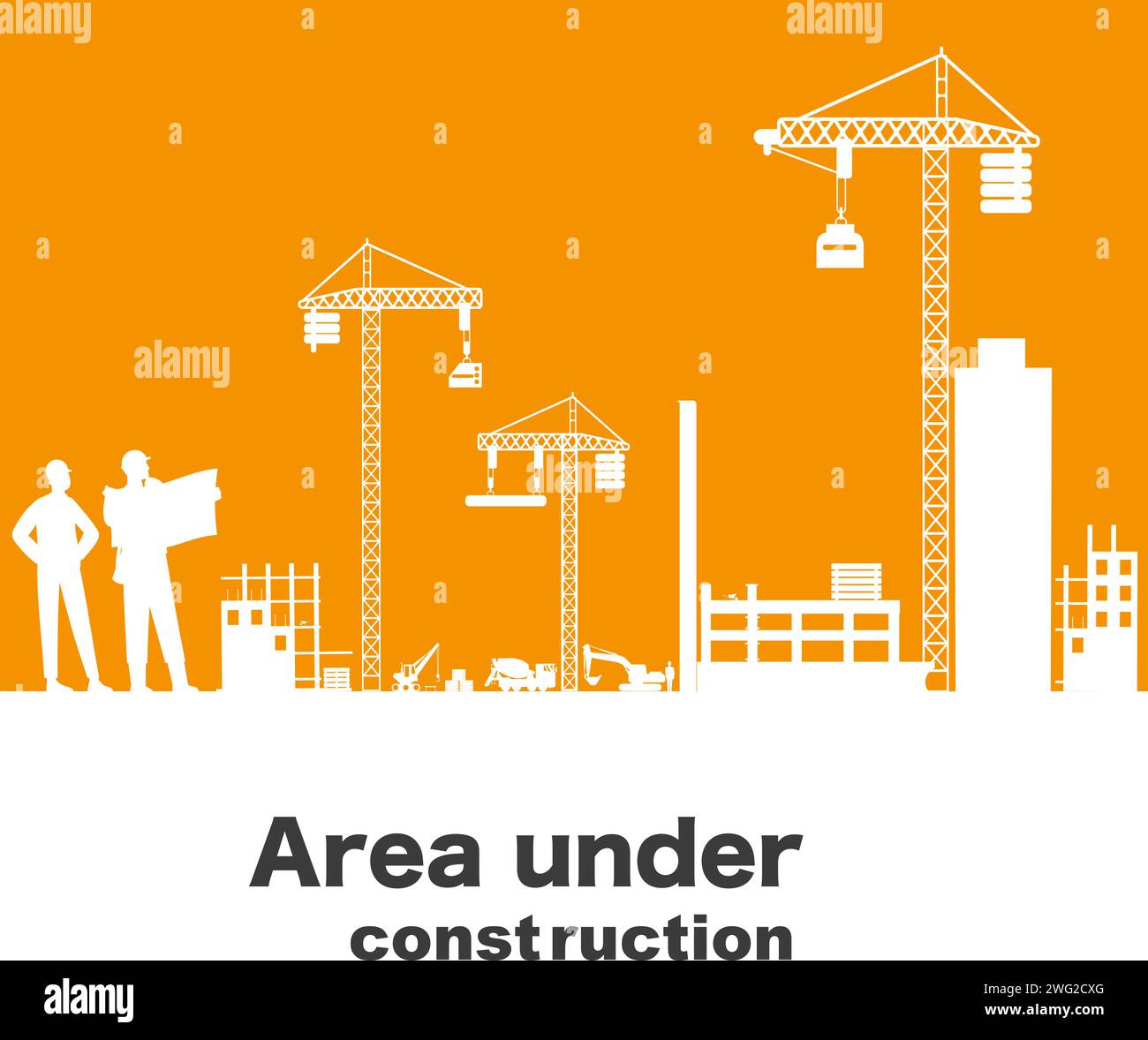 White silhouette of a construction on an orange background. Under ...