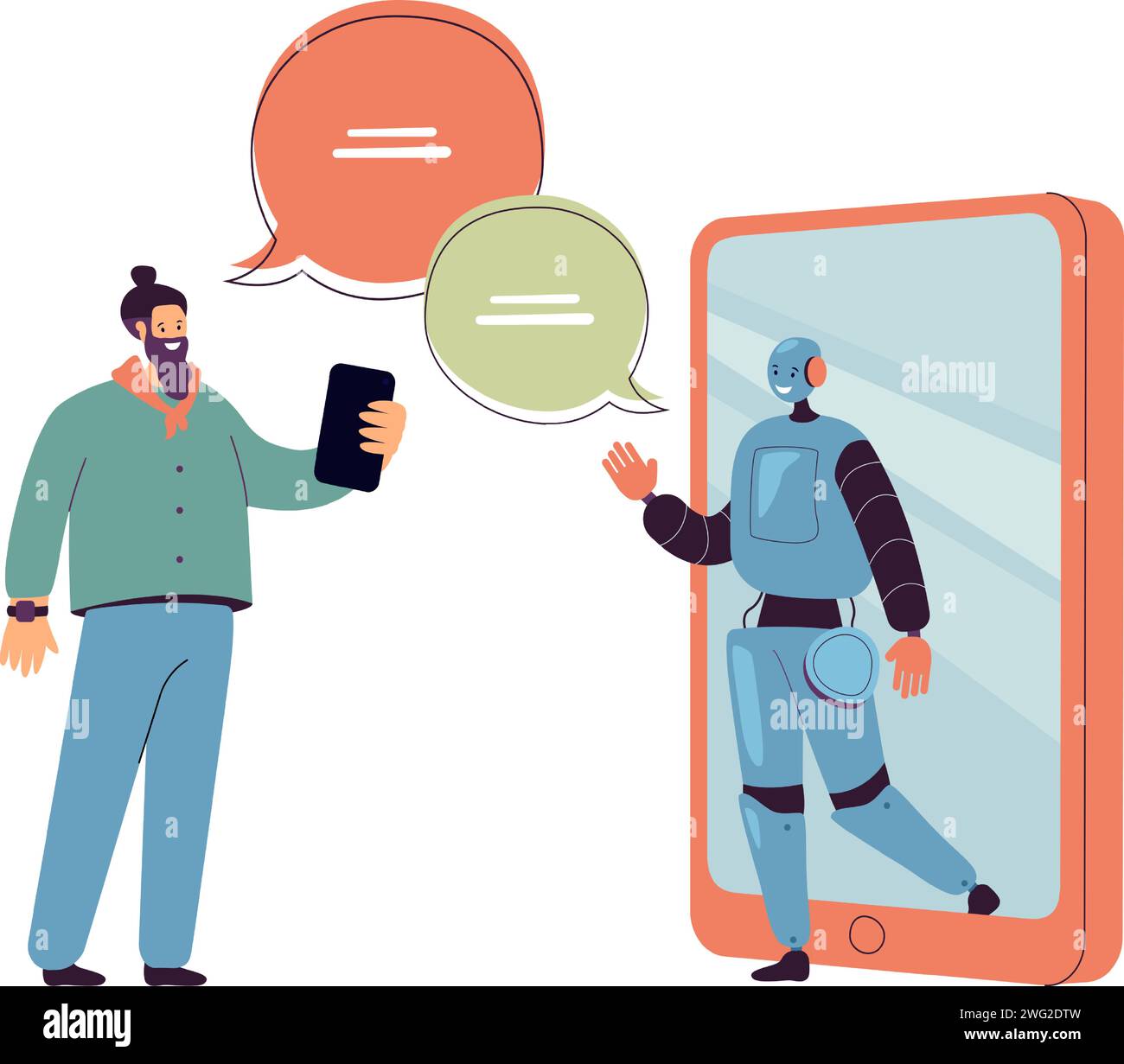Man chatting online with AI assistant flat vector illustration. Cartoon ...
