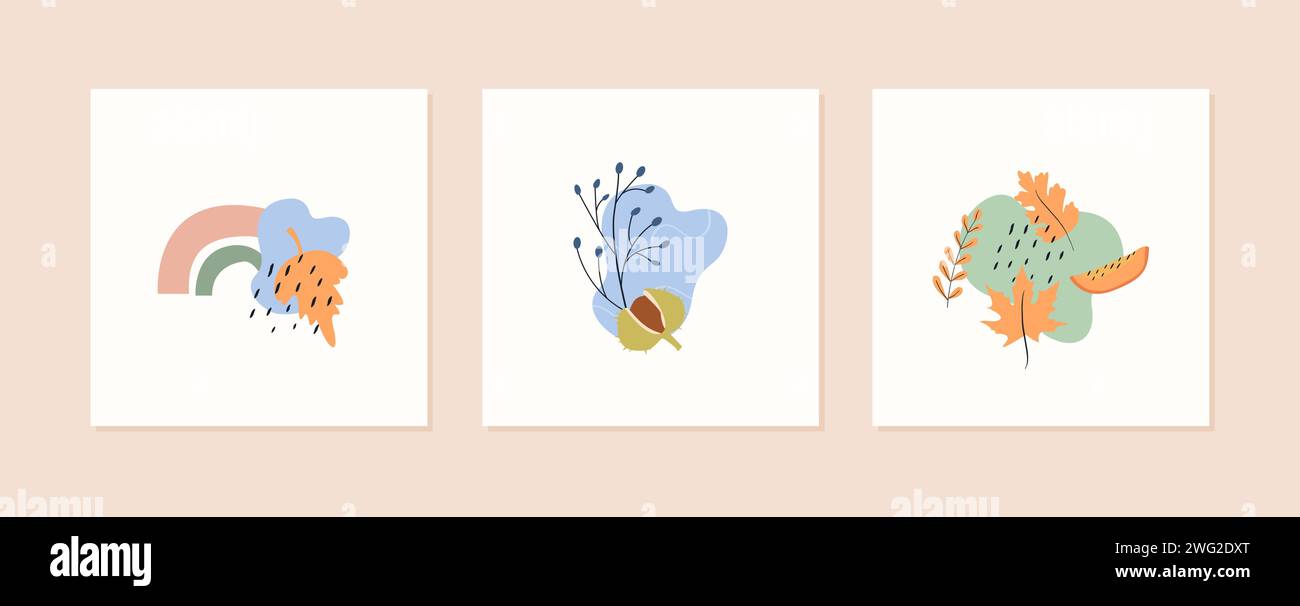 Set of autumn mood abstract square card template with forest branches ...