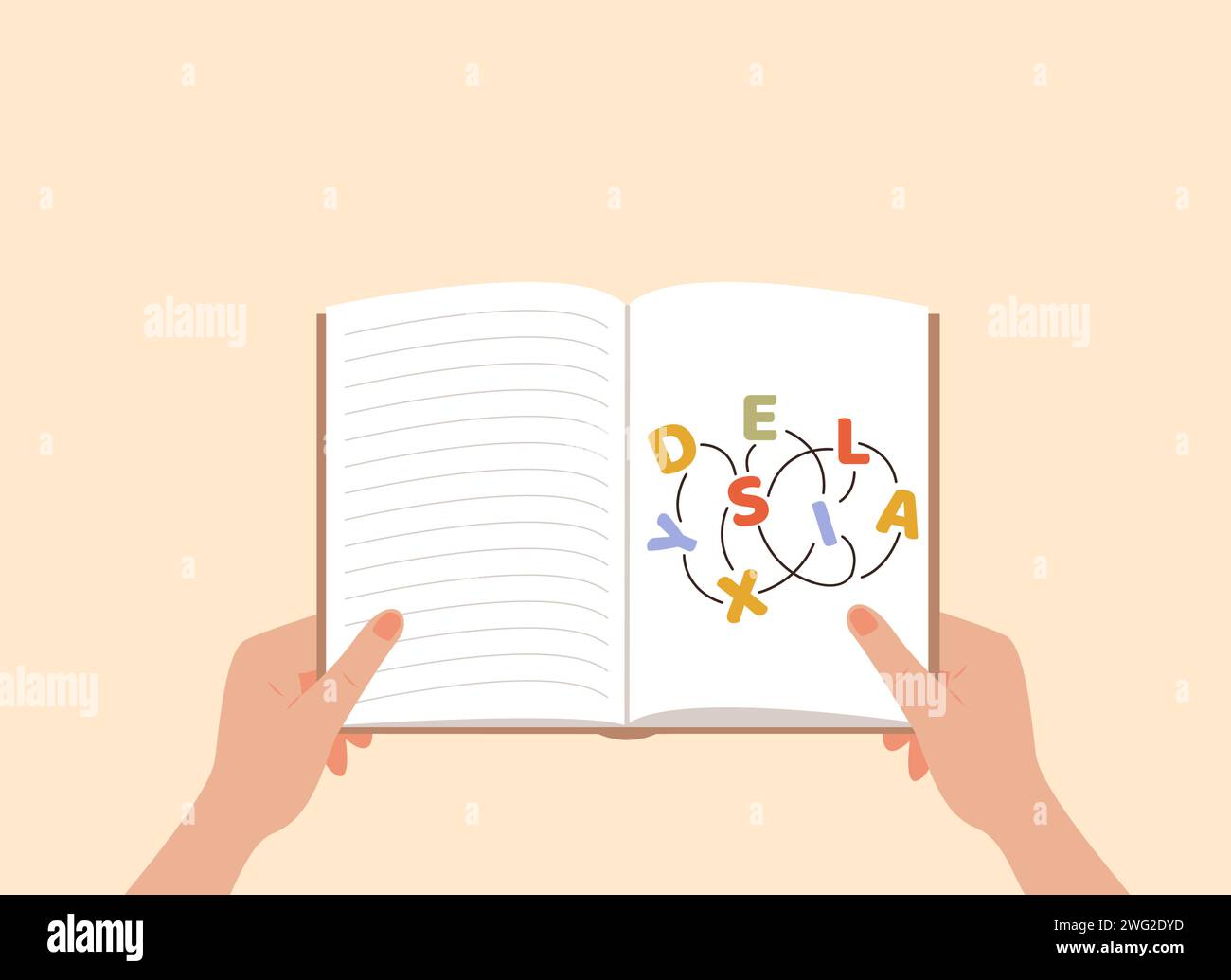 Dyslexia concept. A person hands holding a book. Failing to read ...