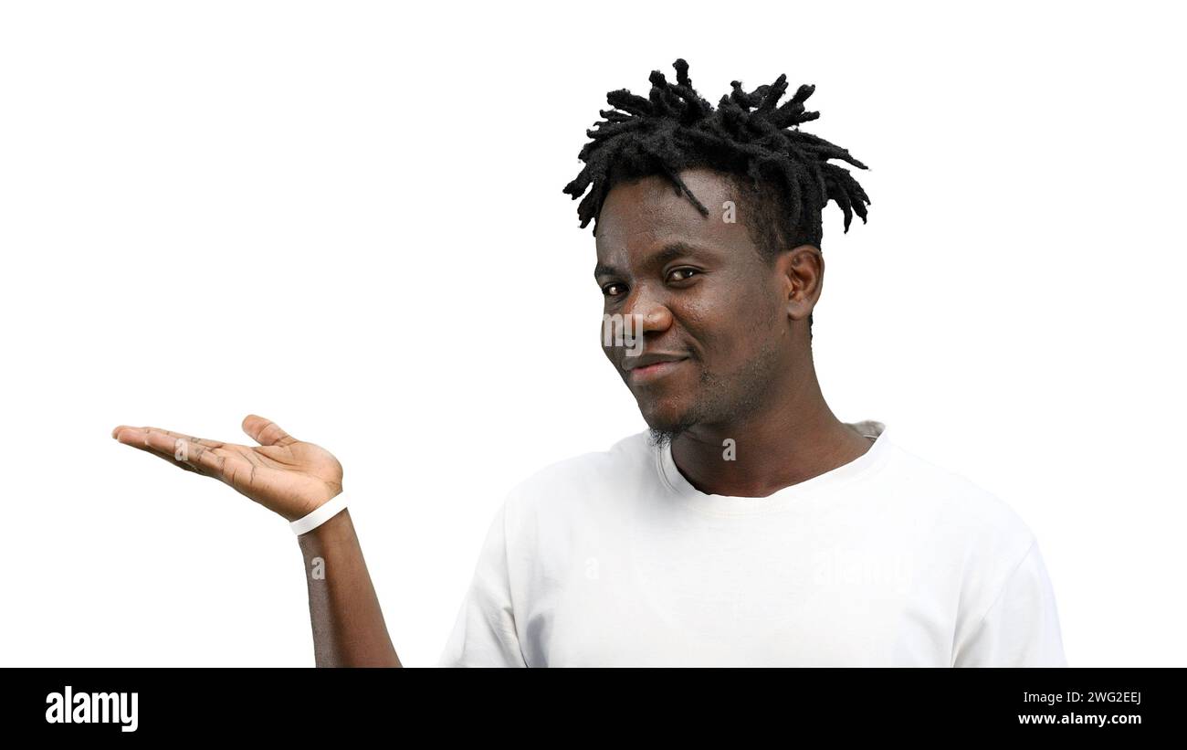 A man, close-up, on a white background, points to the side Stock Photo ...