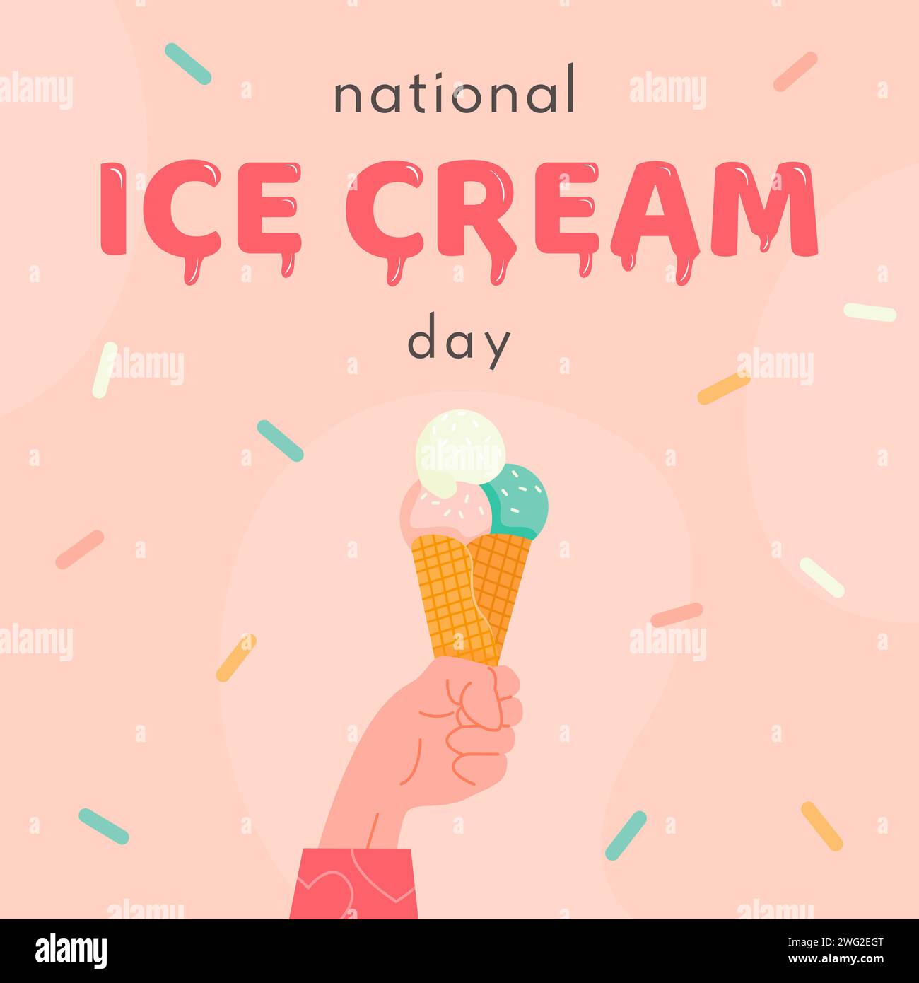Happy National Ice Cream Day card. A waffle cone with various fruit ice ...