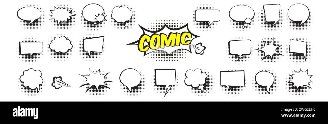 Collection of empty comic speech bubbles with halftone shadows. Vector ...