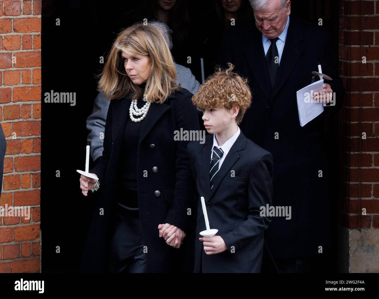 London, UK. 2nd Feb, 2024. Kate Garaway leaves the church with her son ...