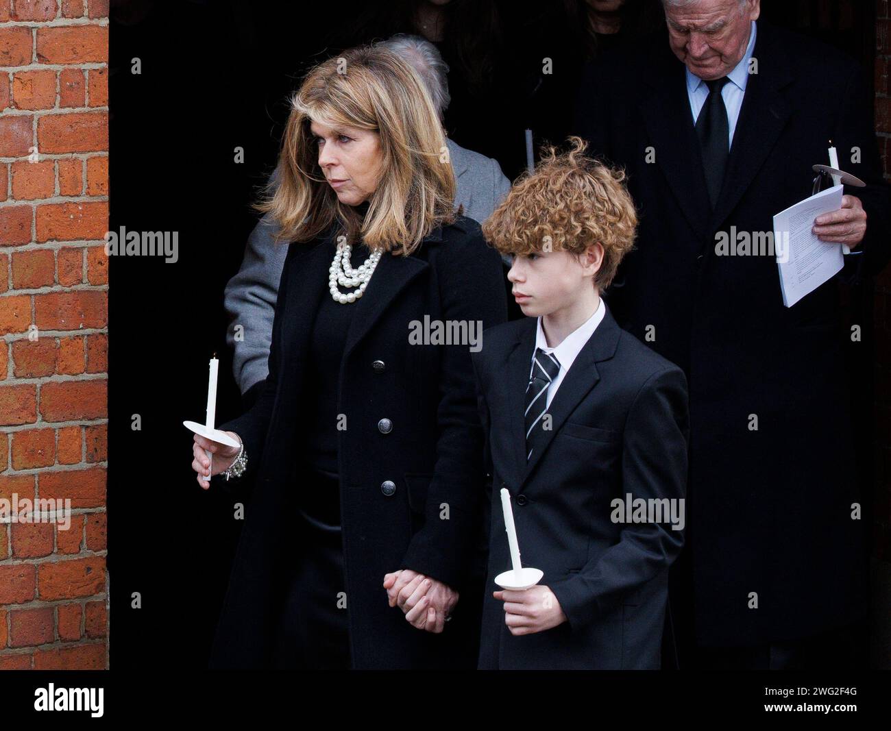 London, UK. 2nd Feb, 2024. Kate Garaway leaves the church with her son ...
