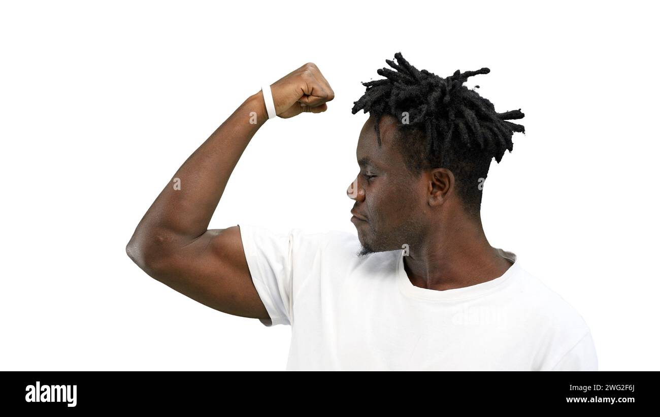 Man, close-up, on a white background, shows strength Stock Photo - Alamy