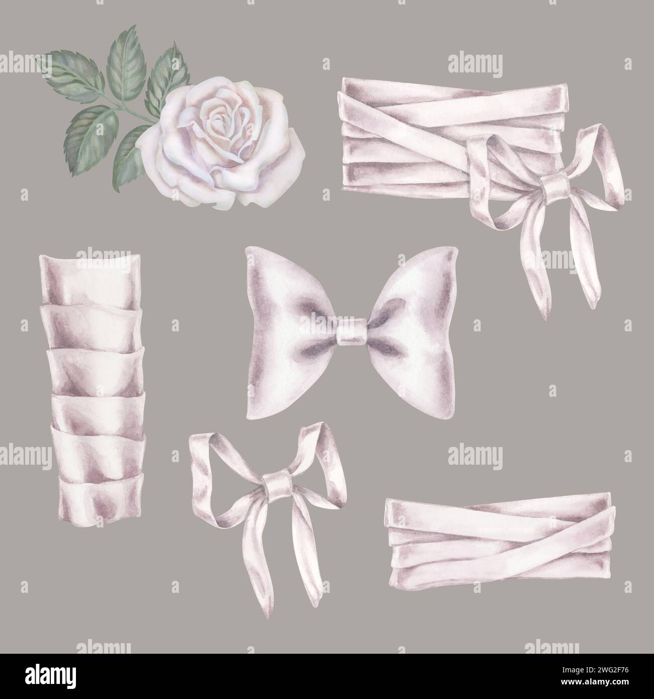 Watercolor white roses with pink bows in a pastel palette in vintage ...