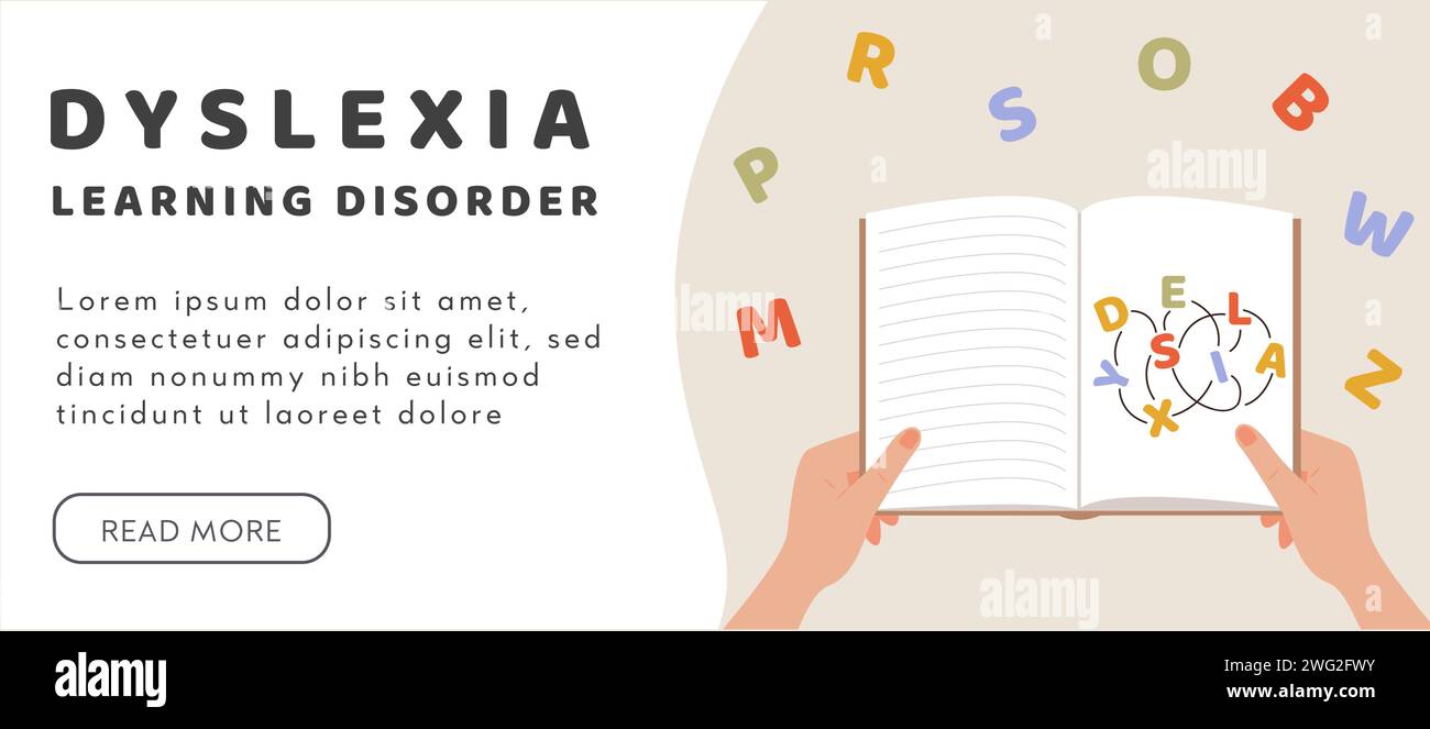 Dyslexia concept web banner. A person hands holding a book. Failing to ...