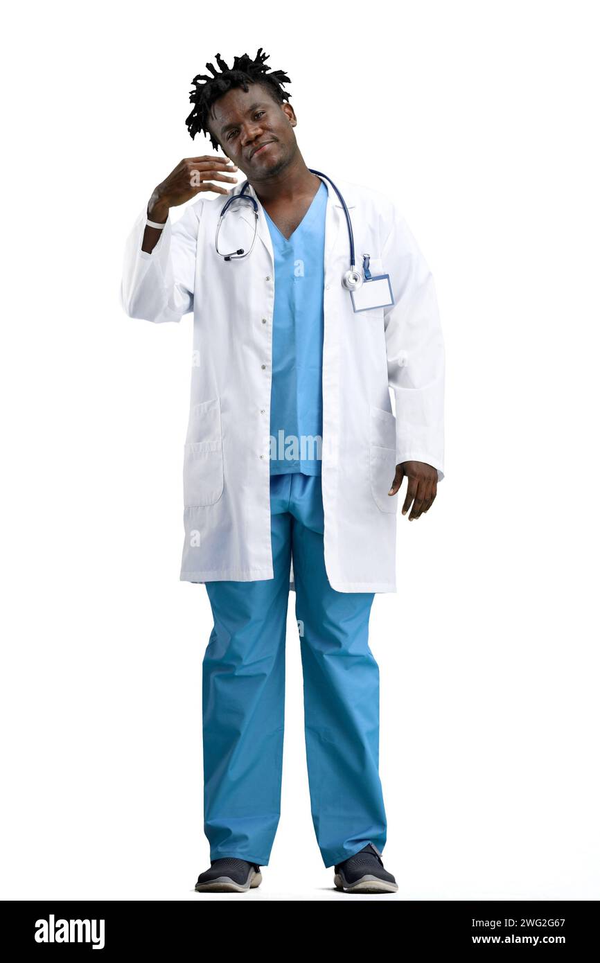 The doctor, in full height, on a white background, calls to him Stock ...