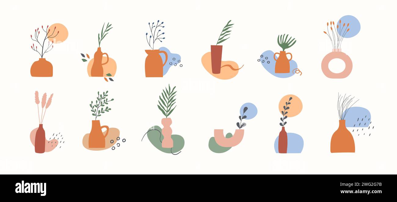 Set of clay vases with potted dry plants, leaves, branches and abstract geometric shape. Trendy ...