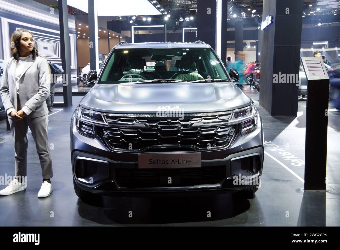 New Delhi - February 1, 2024: Kia Motors Seltos X-Line car is on display at Bharat Mobility ...