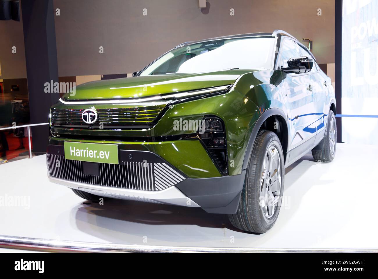 New Delhi - February 1, 2024: Tata Motors Harrier.ev car is on display ...