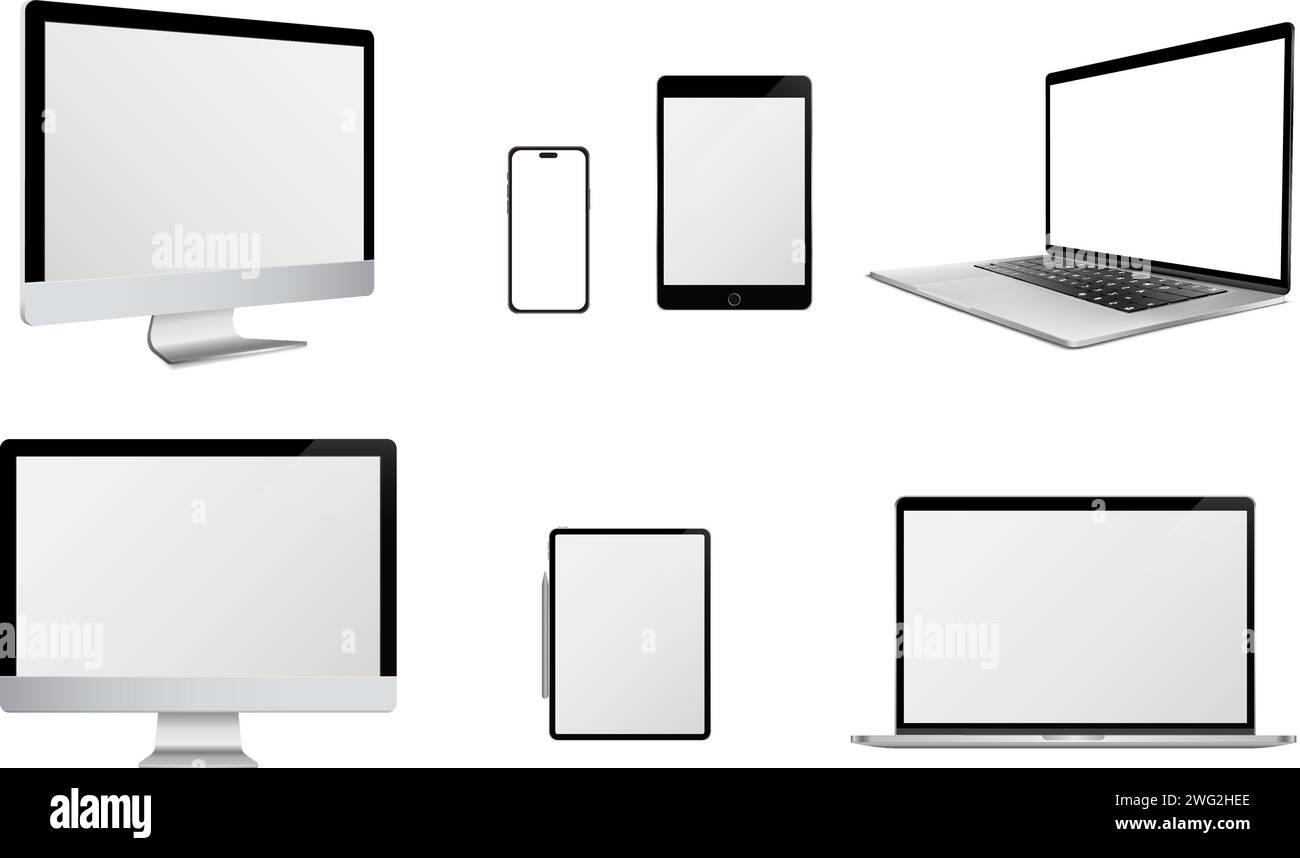Set of mockup technology devices featuring computer, laptop, tablet ...