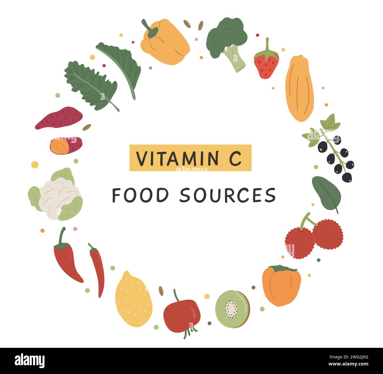 Set of Vitamin C foods for healthy diet. Frame or border with fruits ...