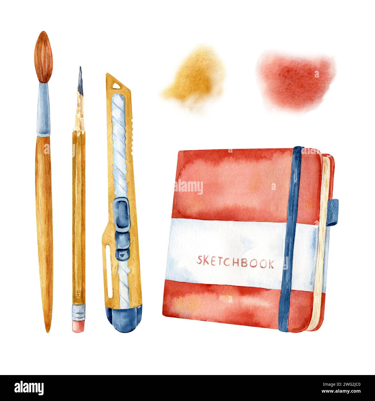 brush, sketchbook, stationery knife, pencil, paints hand painted in watercolor: art materials ...