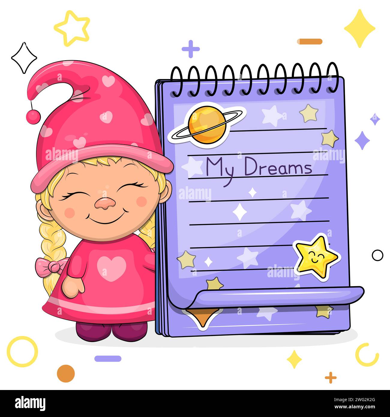 A cute cartoon gnome girl and a blue notebook with stickers. Vector ...