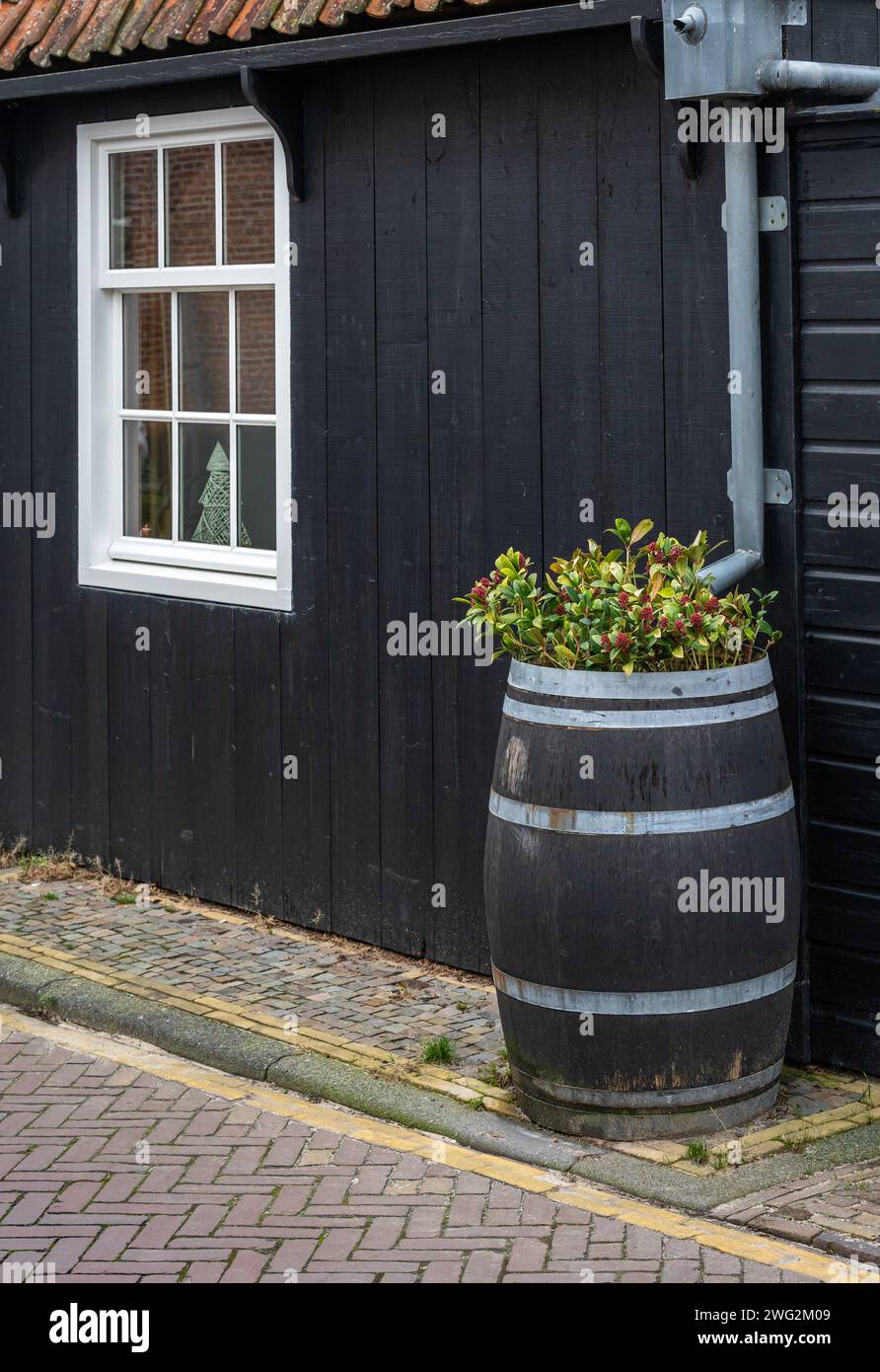 Wooden rain barrel with plants Stock Photo - Alamy